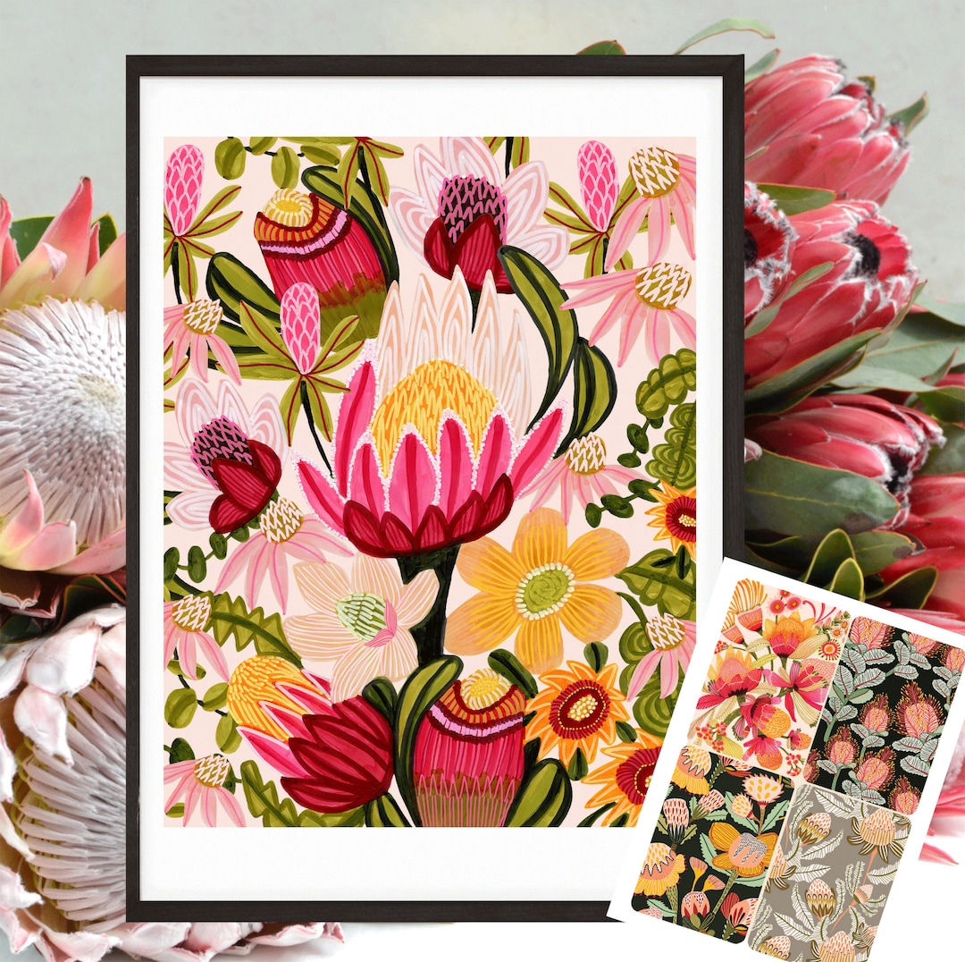 Botanical Art, Australian Gift Set, Native Flowers Wall Art, Protea ...