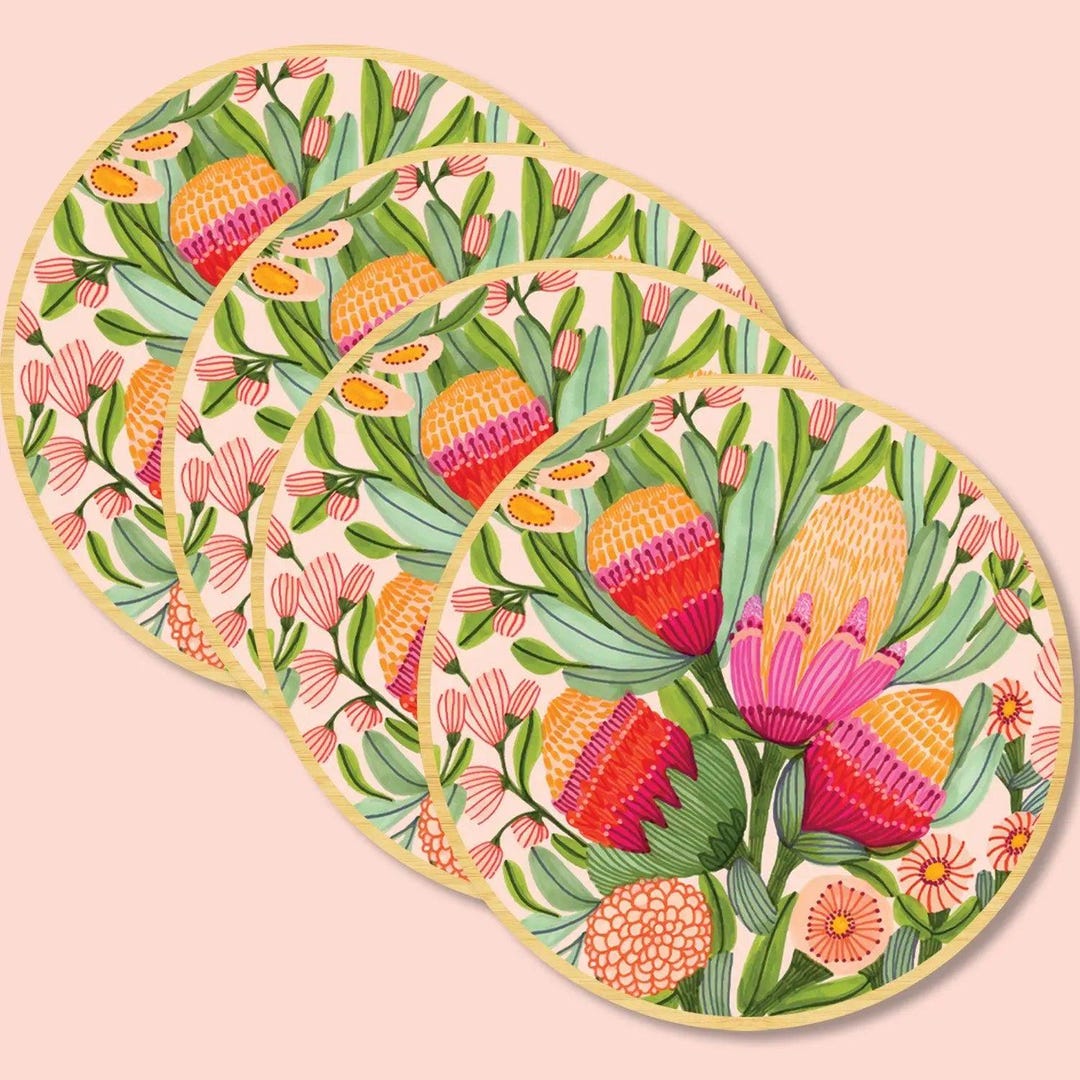 Protea & Gum Blossoms Australian Wooden Coaster Set - Etsy