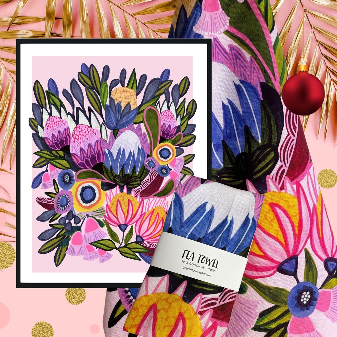 Australian Protea Art Gift Set, Botanical Print and Tea Towel - Etsy