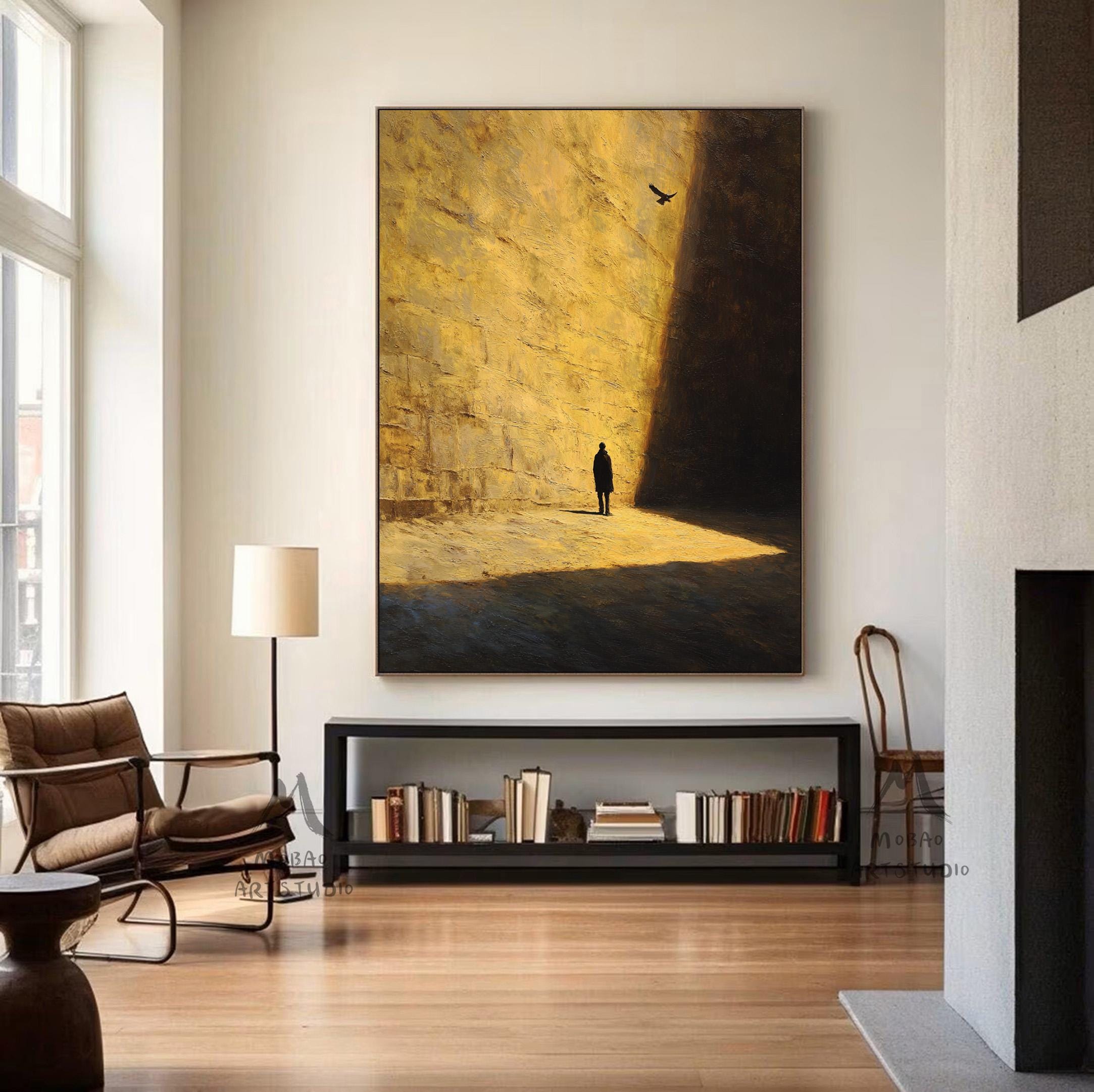 Yellow Minimalism Painting, Brown Wall Art, Yellow Canvas Wall Art ...