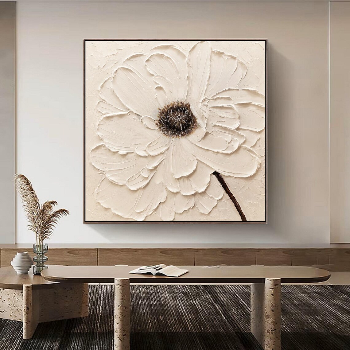 Original Flower Abstract Painting Large Beige Flower Painting on Canvas ...