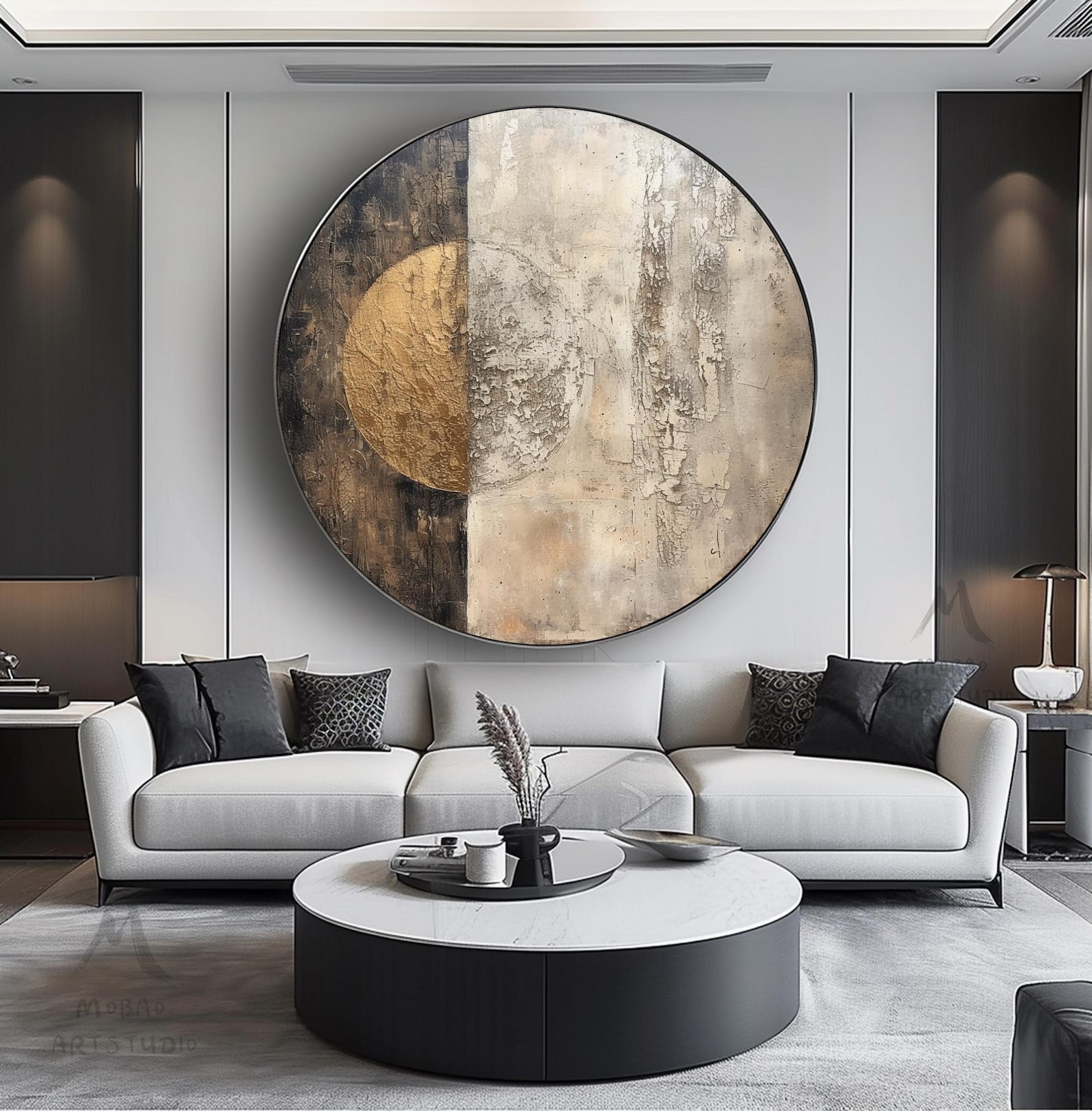 Circle Painting Gold Abstract Art Beige Textured Wall Art Beige Circle Abstract Painting Circle ...