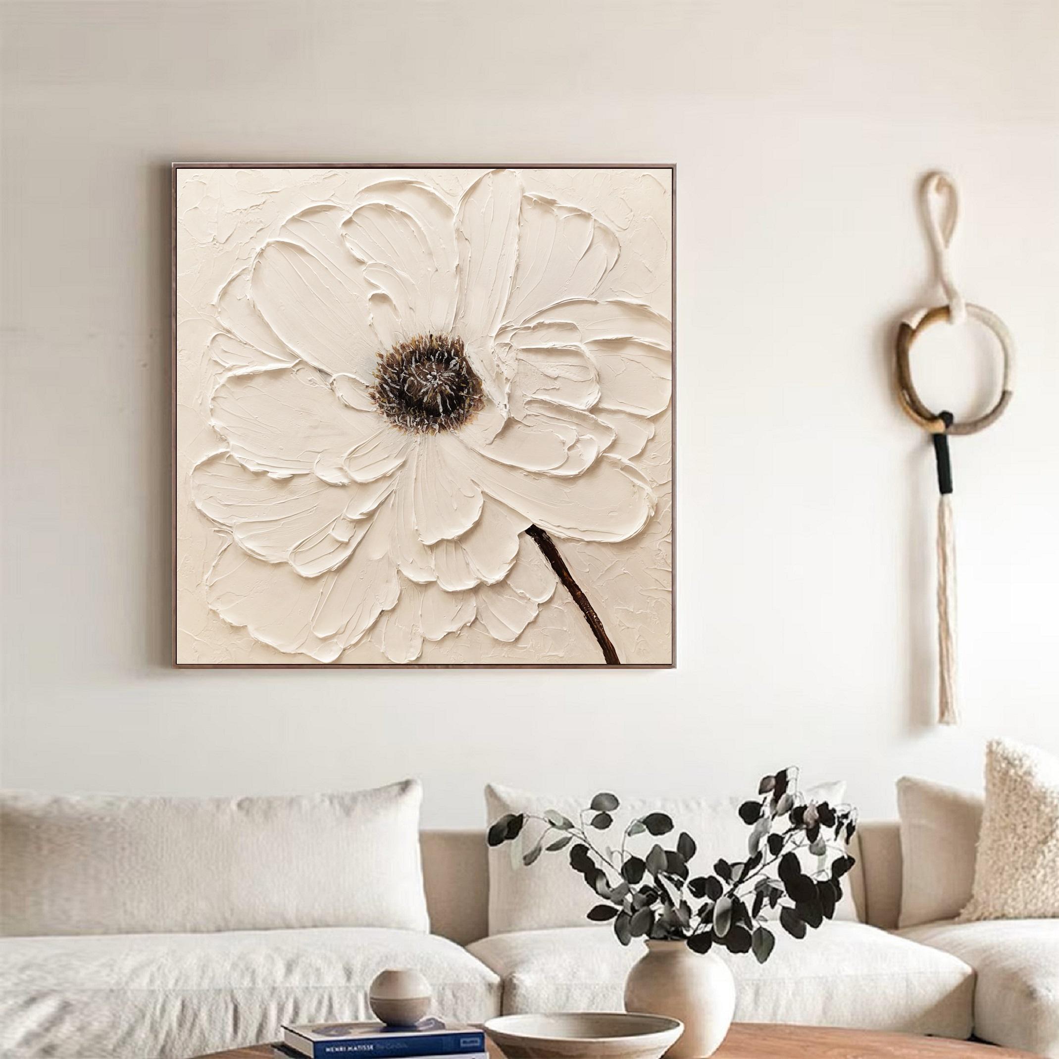 Original Flower Abstract Painting Large Beige Flower Painting on Canvas ...