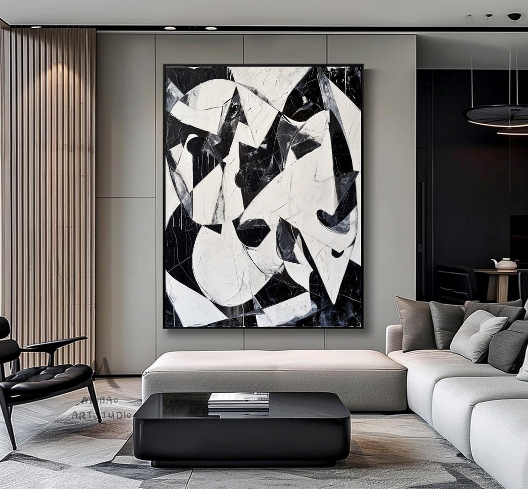 Black Wall Art Black and White Abstract Minimal Painting on Canvas ...