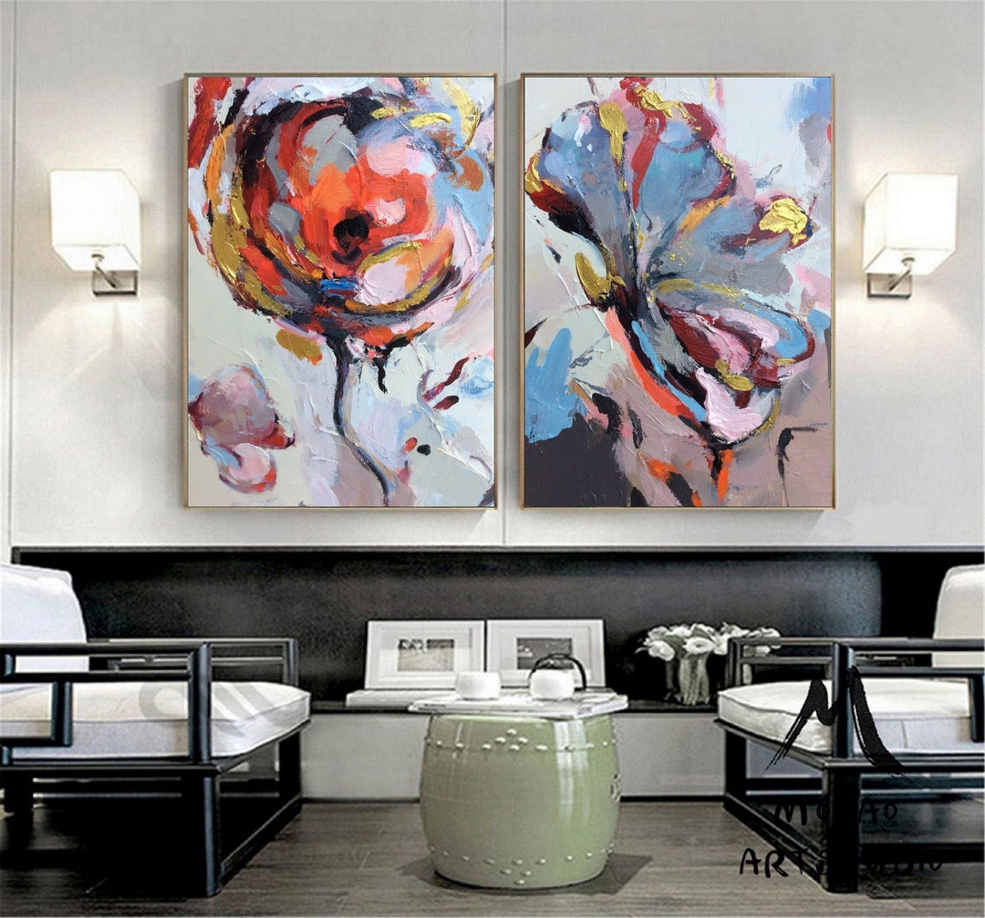 Large Textured Wall Art Painting Set of 2 Flower Abstract Painting Pink ...