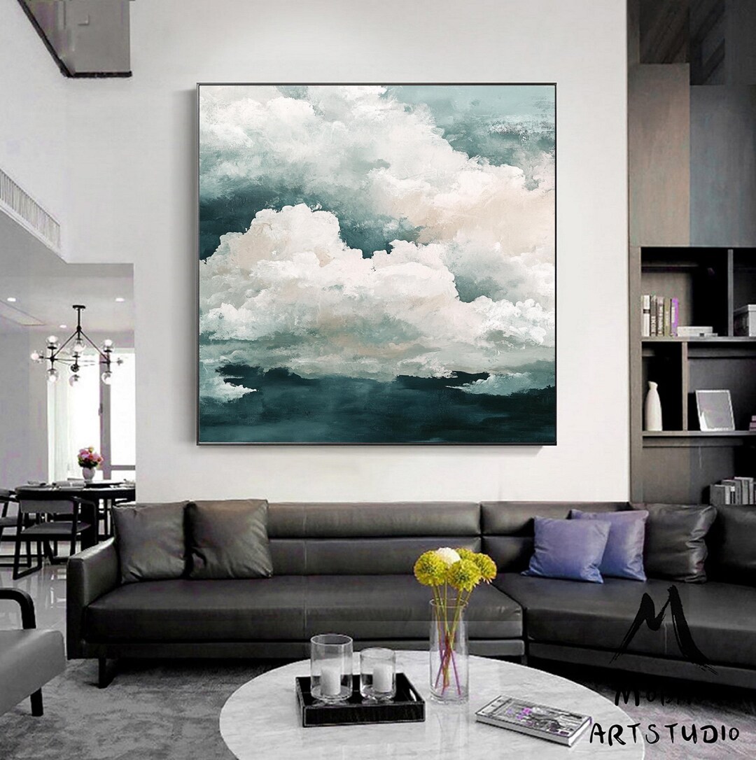 Cloud Abstract Painting Cloud Wall Art Cyan Abstract Art Painting White ...