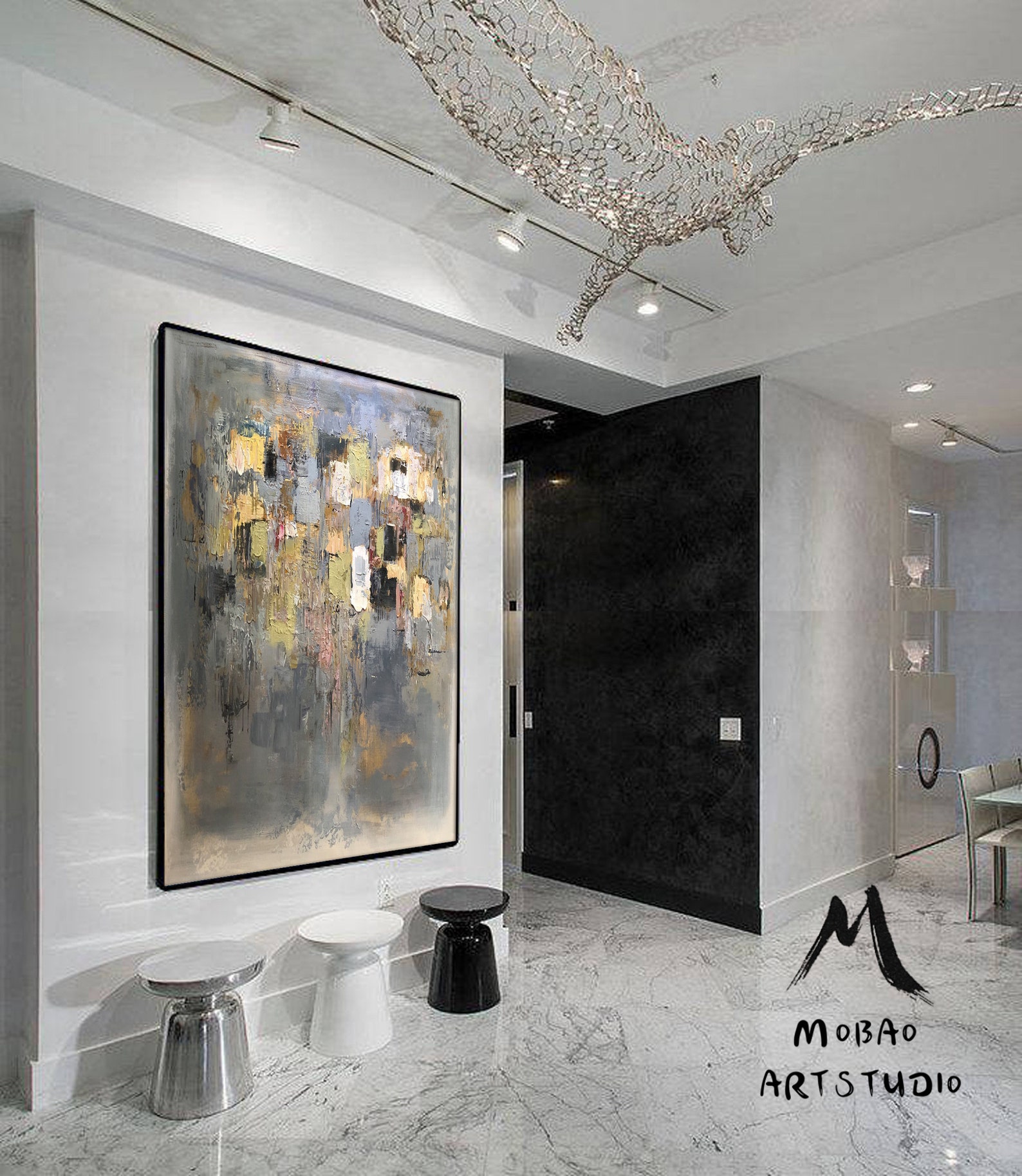 Large Gold Cubes White Abstract Painting Modern Painting - Etsy