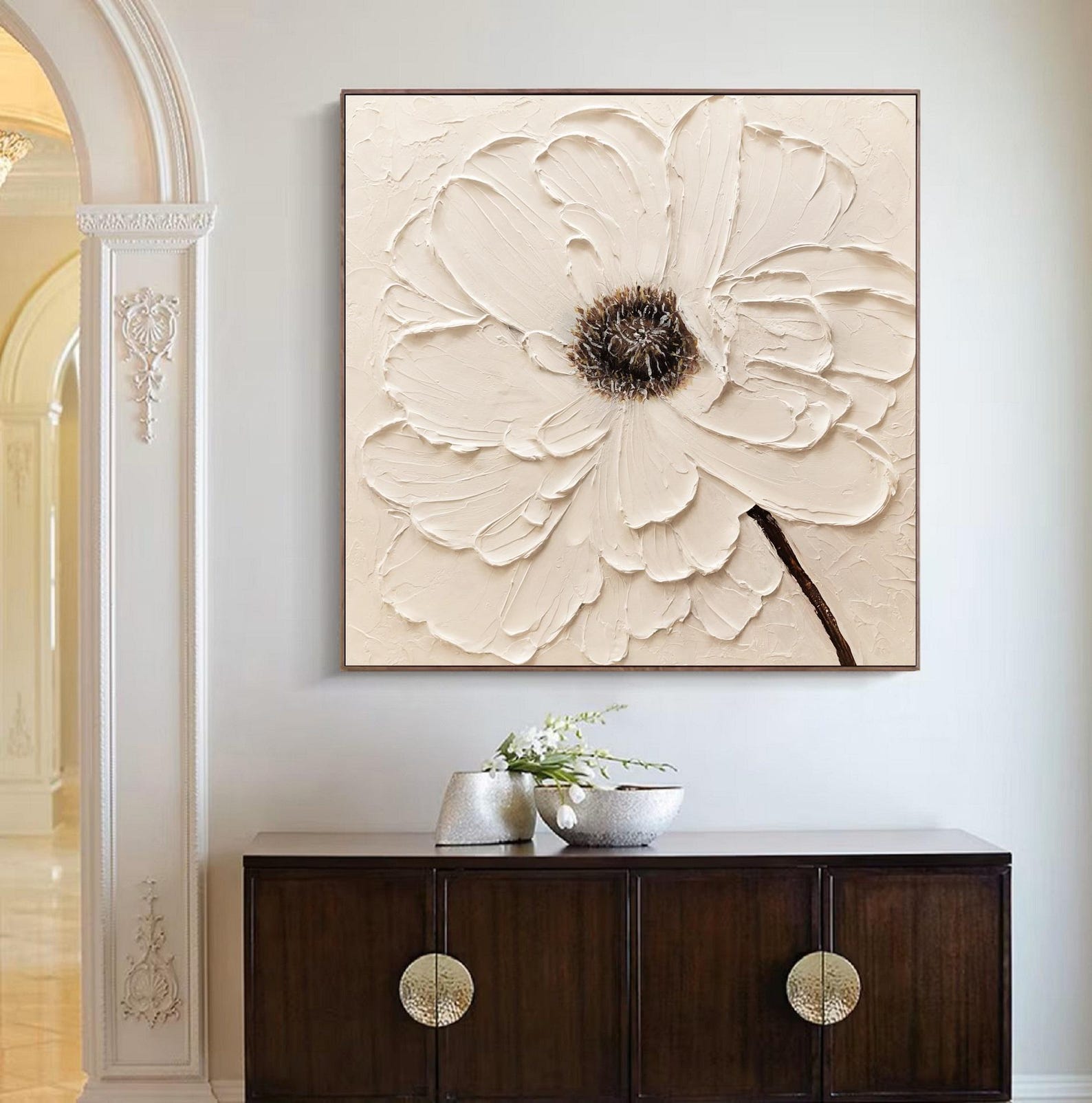 Original Flower Abstract Painting Large Beige Flower Painting on Canvas ...