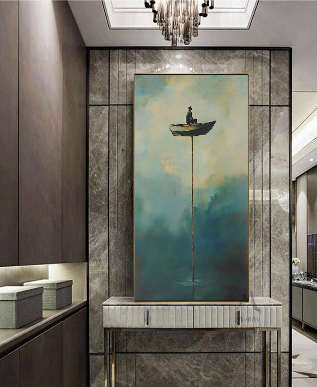 Blue Abstract Painting, Floating Ship Abstract Painting, Surreal Sky ...
