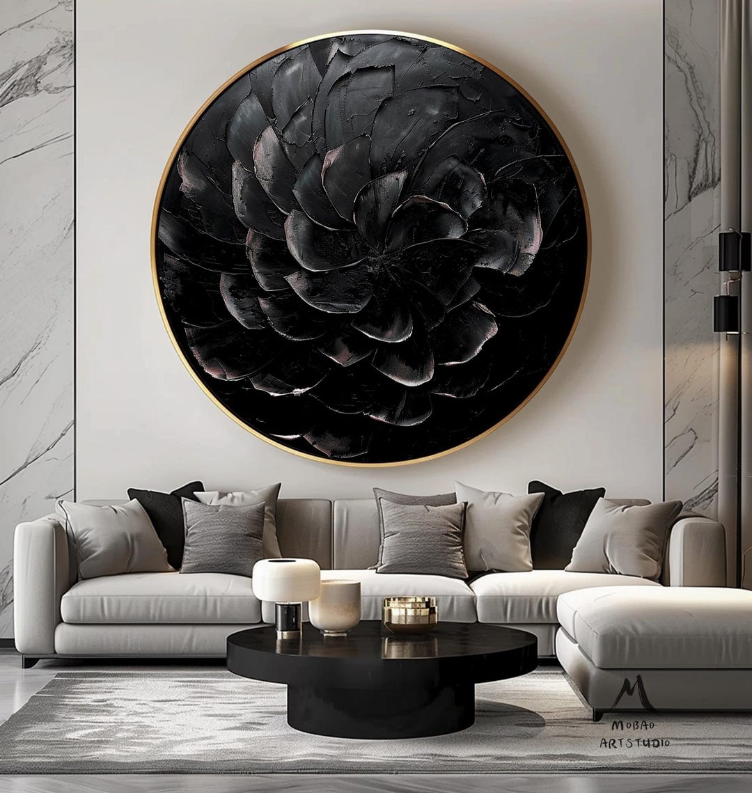 Large Black Circle Abstract Painting With Textured Wall Art and ...
