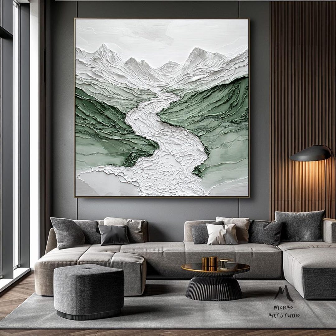 White & Light Green With 3D Texture Painting Mountain Wall Art Large ...