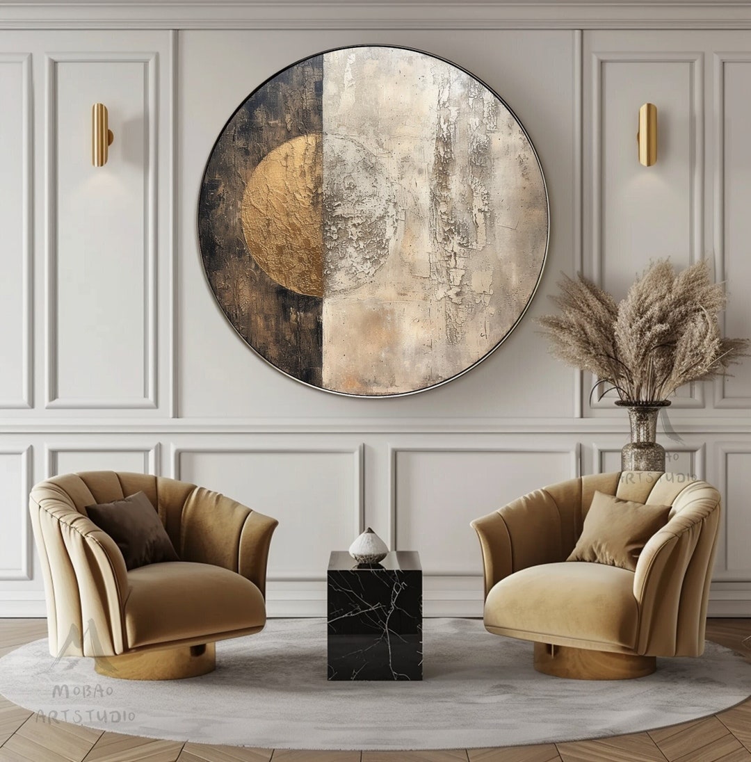 Circle Painting Gold Abstract Art Beige Textured Wall Art Beige Circle Abstract Painting Circle ...