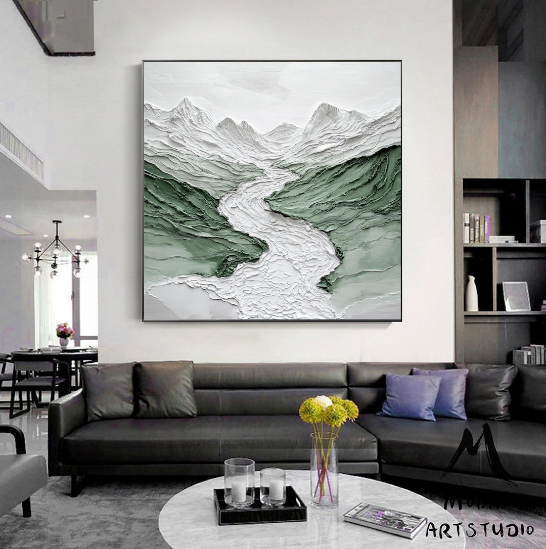 White & Light Green With 3D Texture Painting Mountain Wall Art Large ...