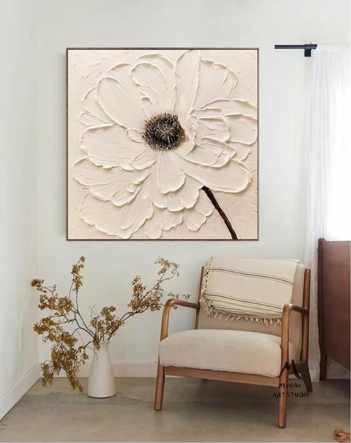 Original Flower Abstract Painting Large Beige Flower Painting on Canvas ...