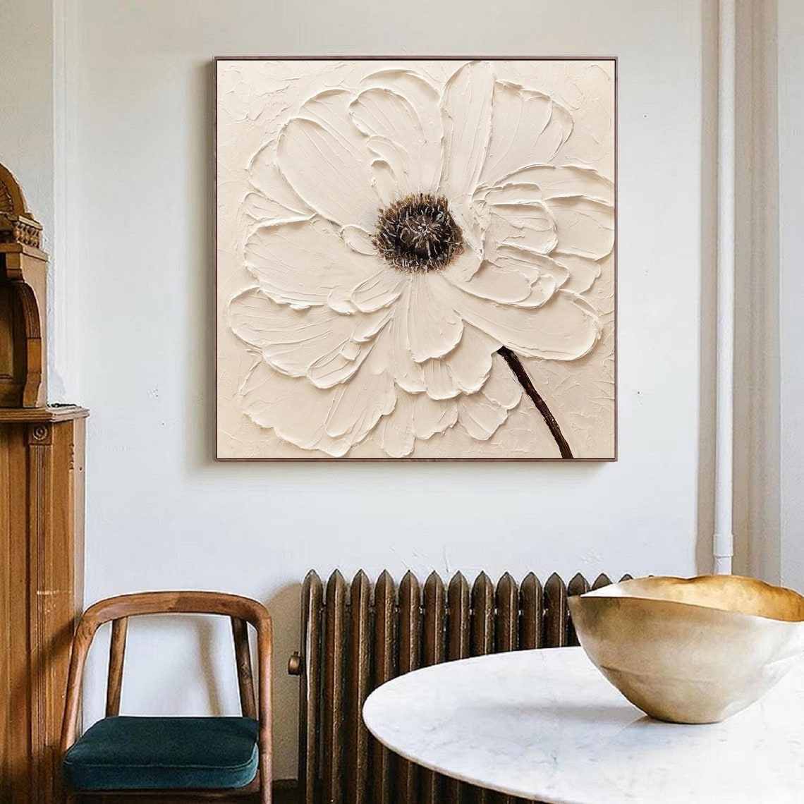 Original Flower Abstract Painting Large Beige Flower Painting on Canvas ...