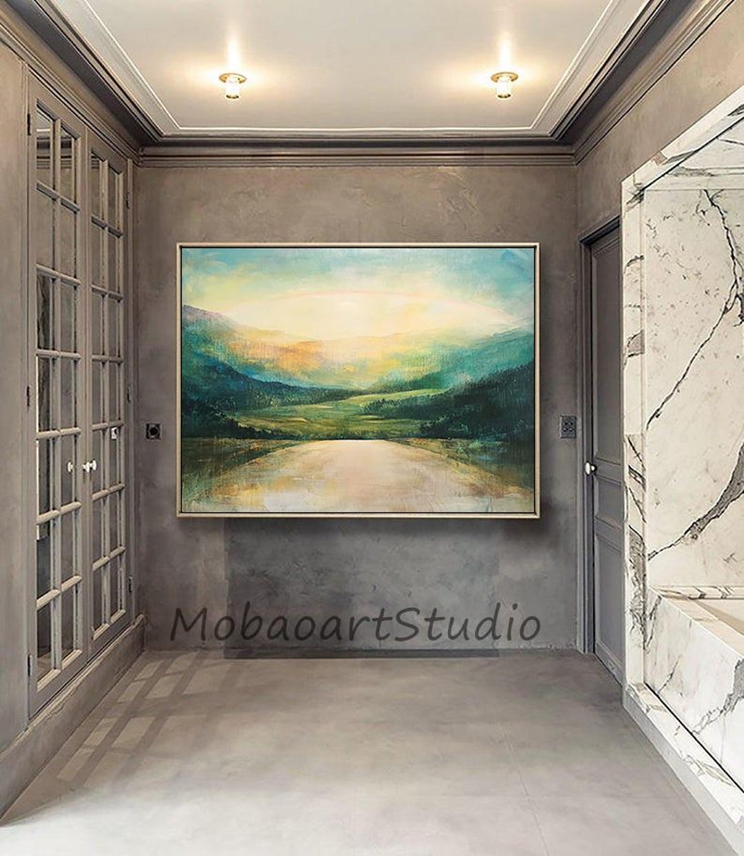 Green Landscape Abstract Painting, Rainbow Landscape Painting, Sunset ...