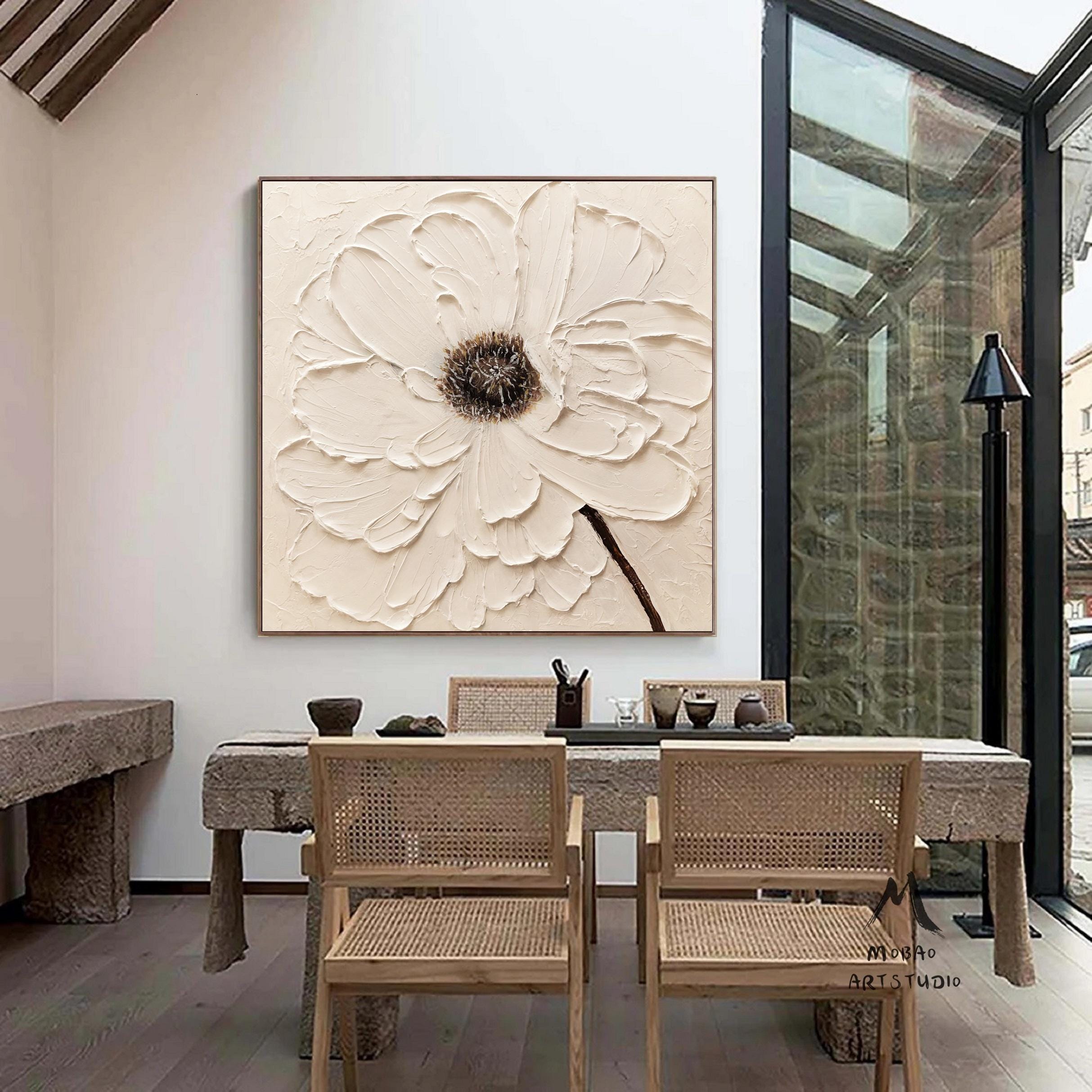 Original Flower Abstract Painting Large Beige Flower Painting on Canvas ...