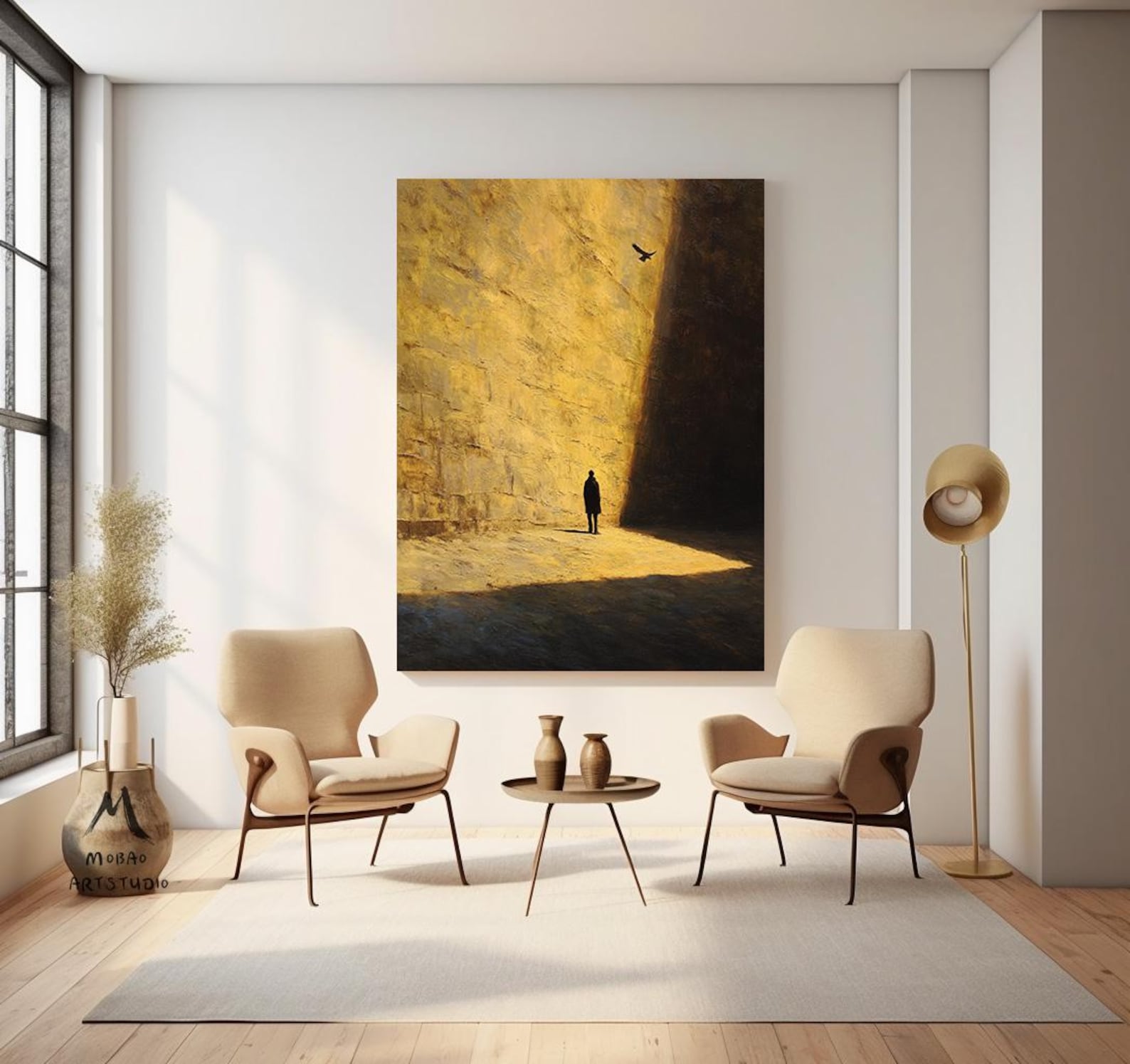 Yellow Minimalism Painting, Brown Wall Art, Yellow Canvas Wall Art ...