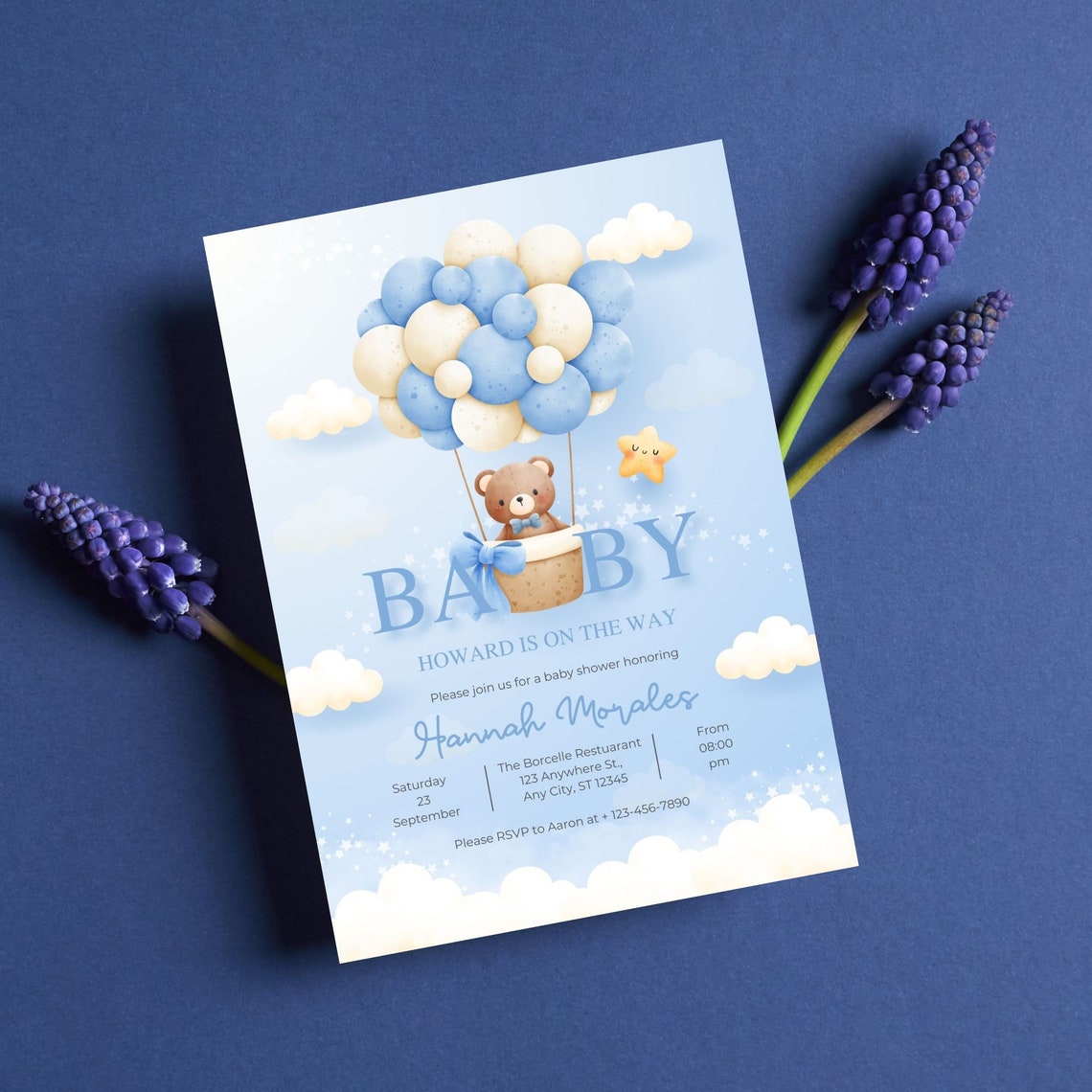 Editable Invitation Cards, Teddy Bear Hot Air Balloon Bear Theme Baby ...