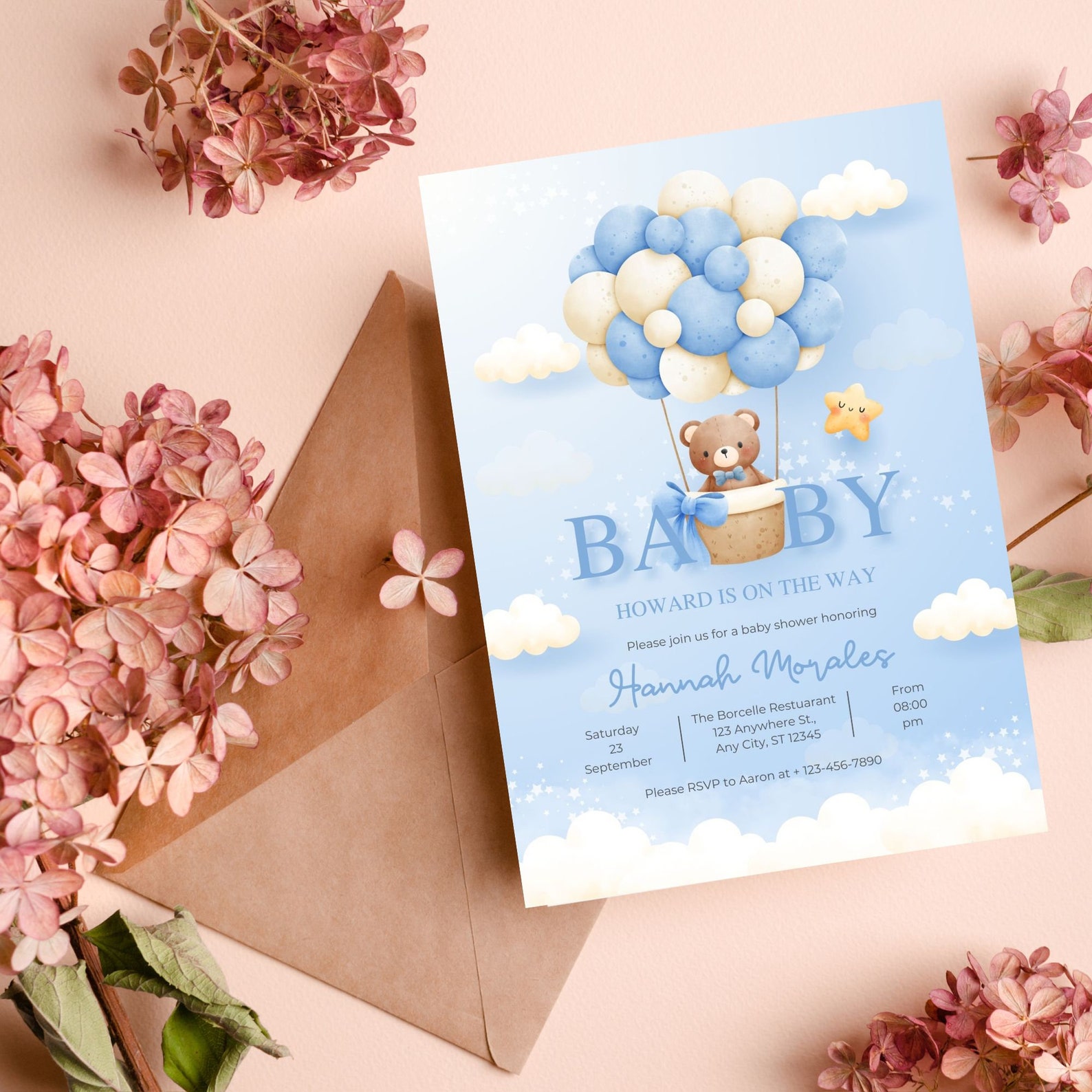 Editable Invitation Cards, Teddy Bear Hot Air Balloon Bear Theme Baby ...
