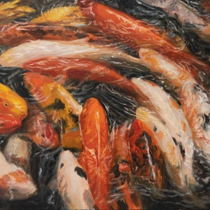 Original Koi Fish Oil Painting on Canvas, Vibrant Wildlife Artwork, Old ...