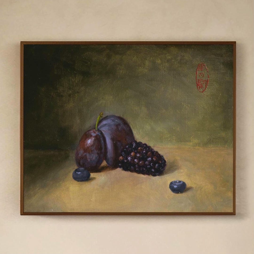 Plum and Berries - Still Life Original Oil Painting on Panel in Dutch ...