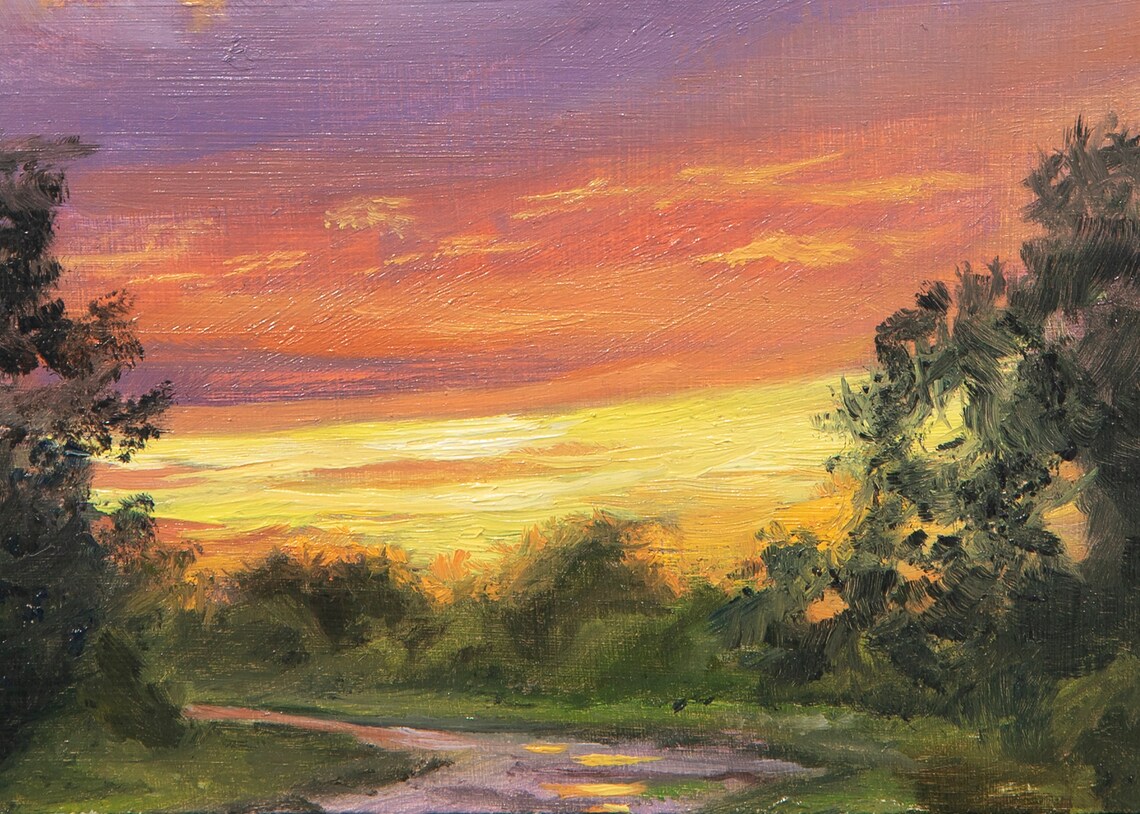 Original Tonalist Oil Painting: Sunset Road Landscape Art, NOT A PRINT ...