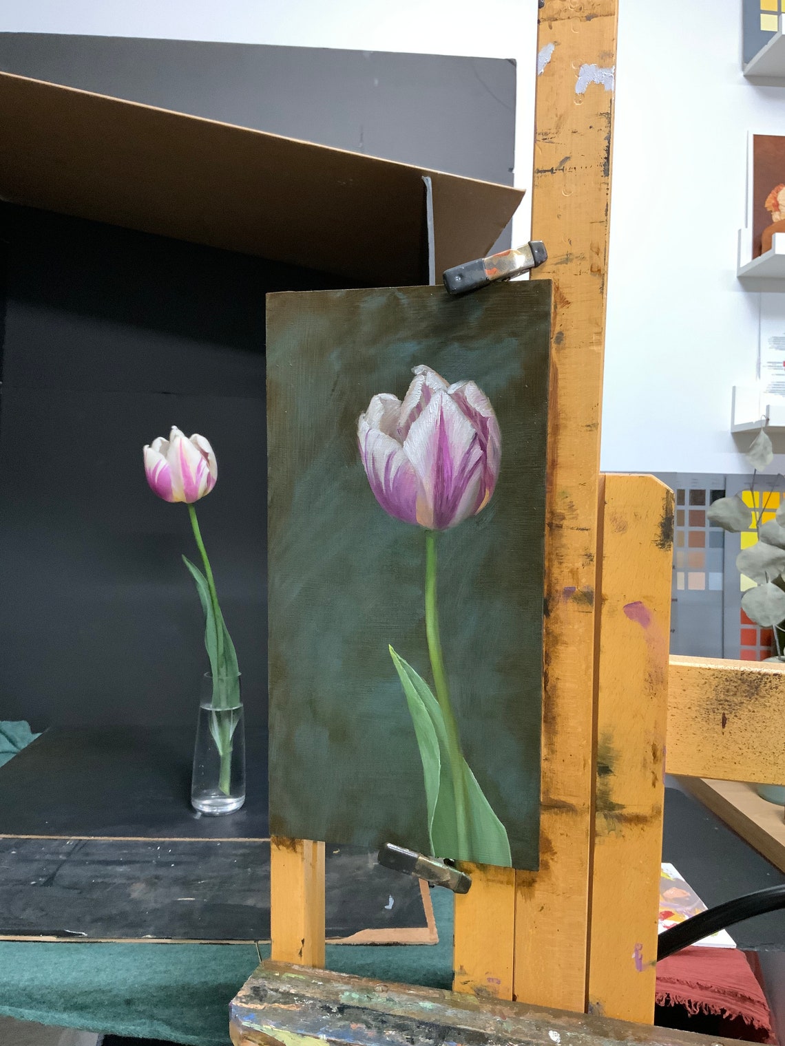 Original Tulip Oil Painting on Panel Realistic Purple Flame Tulip ...