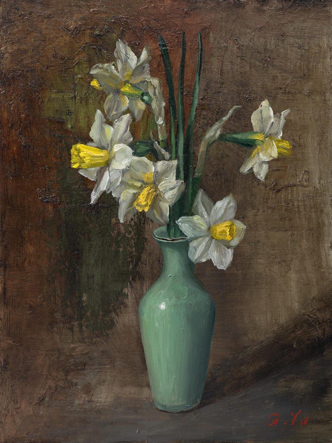 Original Daffodil Oil Painting in a Jade Vase, Buttercup Daffodil ...