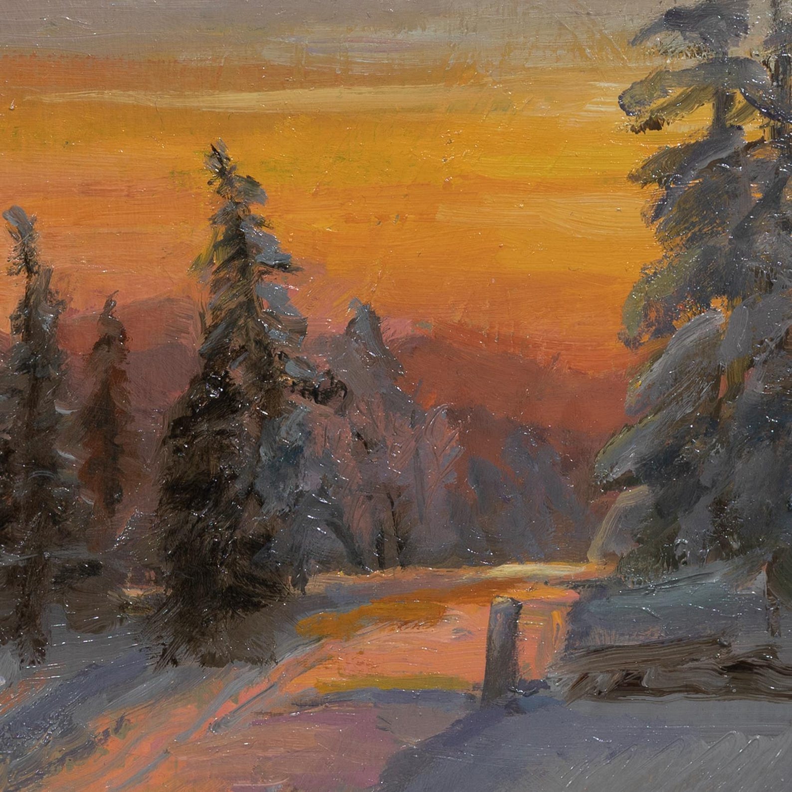 Original Landscape Painting, Winter Sunset on Snow, Tonalism Moody ...