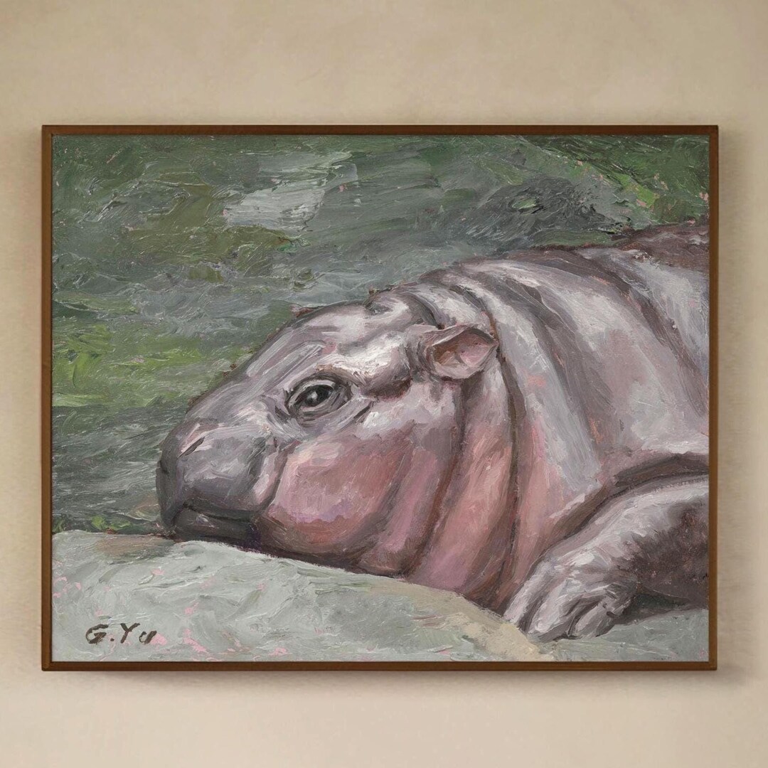 Moo Deng Oil Painting, Original Hippo Oil Painting on Panel ...