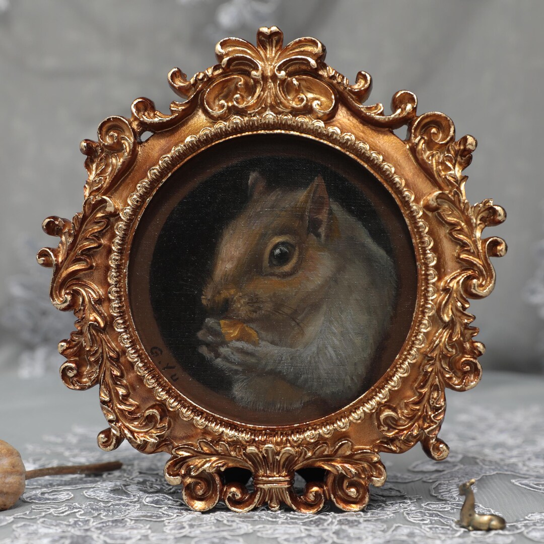 Original Squirrel Oil Painting With Vintaged Gilt Frame, Detailed ...