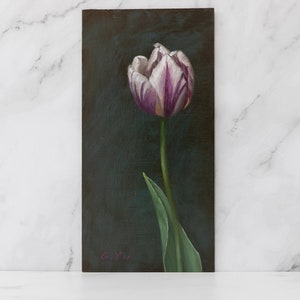 Original Tulip Oil Painting on Panel, Realistic Purple Flame Tulip ...