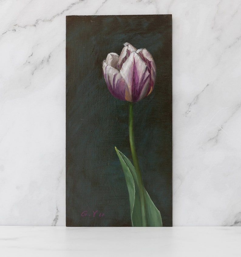 Original Tulip Oil Painting on Panel Realistic Purple Flame Tulip ...