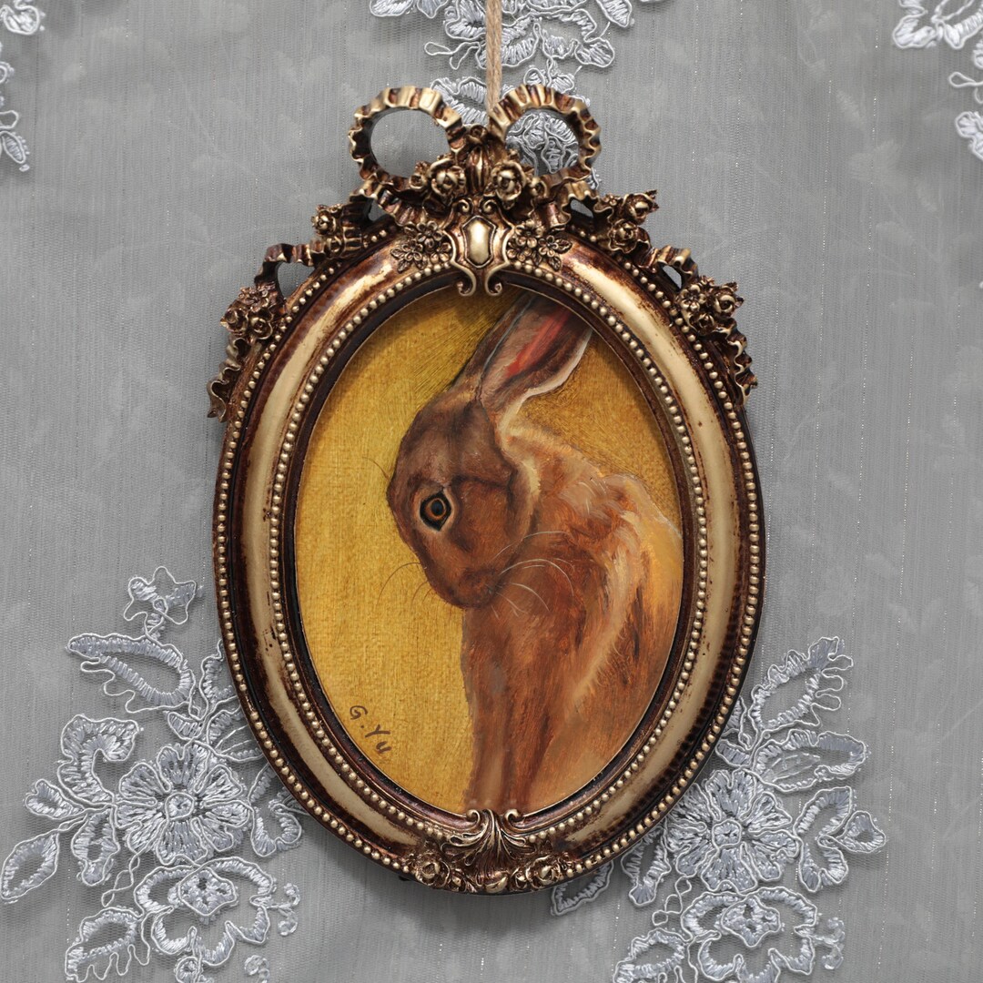 Original Hare Oil Painting With Antiqued Gilt Oval Frame, Hare in ...