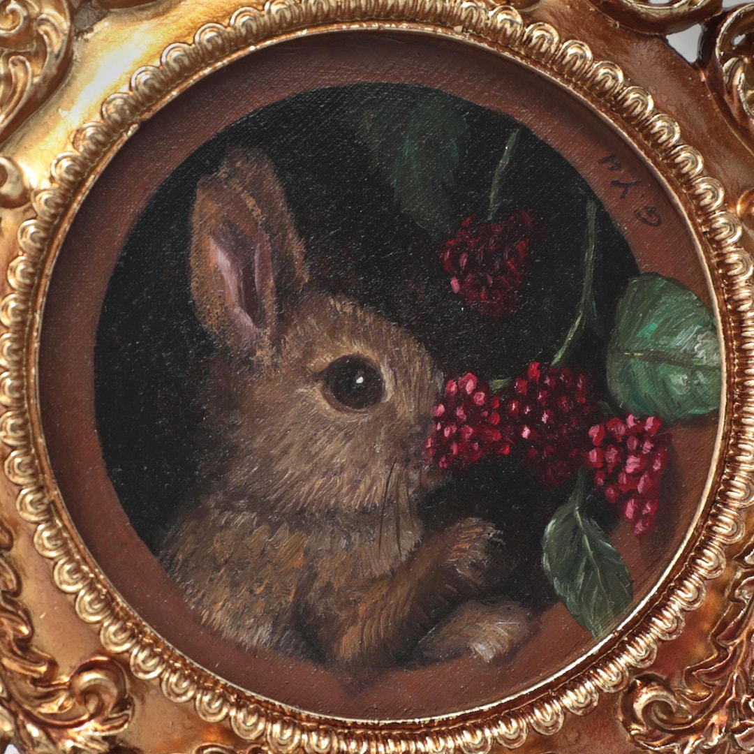 Cute Bunny Eating Raspberry, Original Oil Painting: Framed Rabbit Art ...