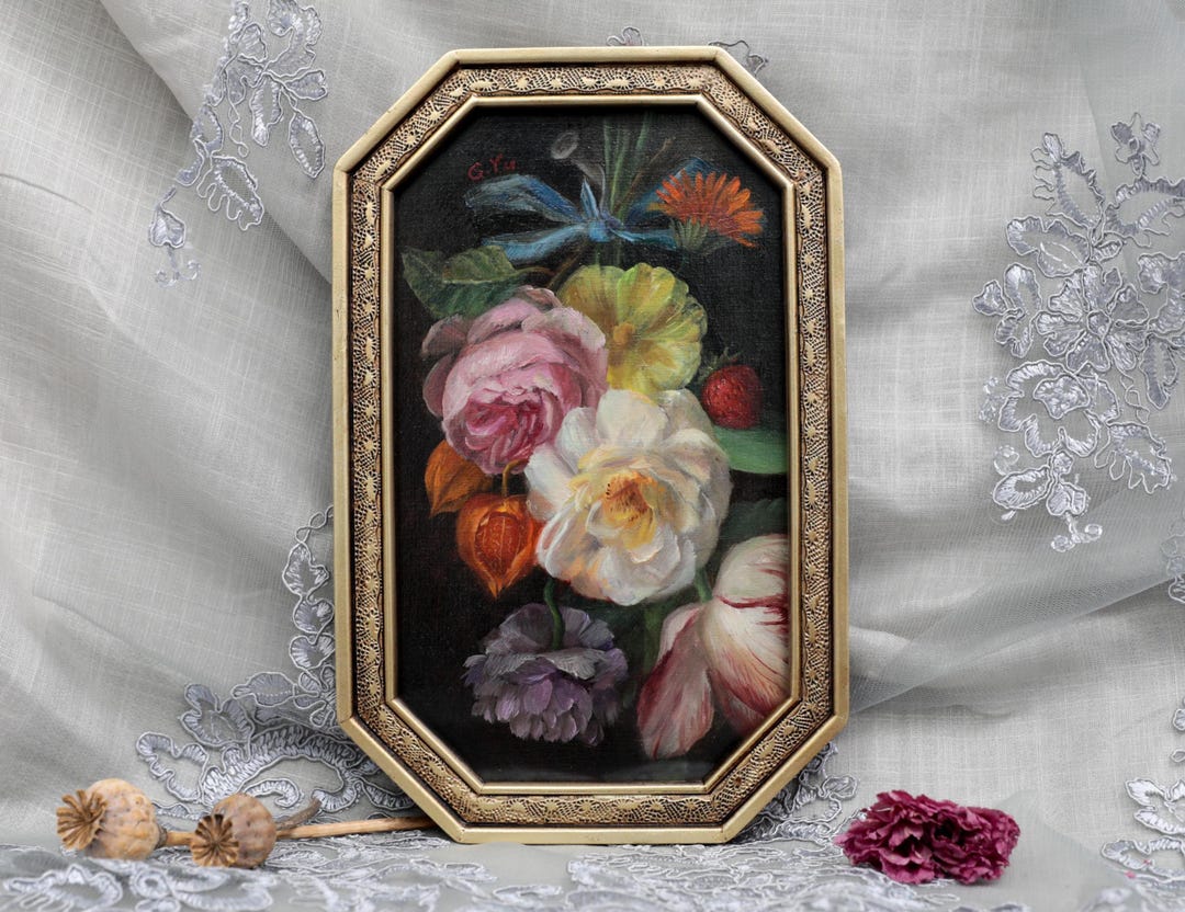 Original Floral Festoon Oil Painting, Varnished and Signed With Vintage ...
