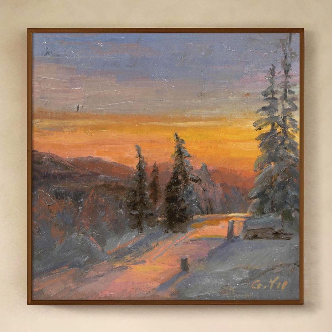 Original Landscape Painting, Winter Sunset on Snow, Tonalism Moody ...