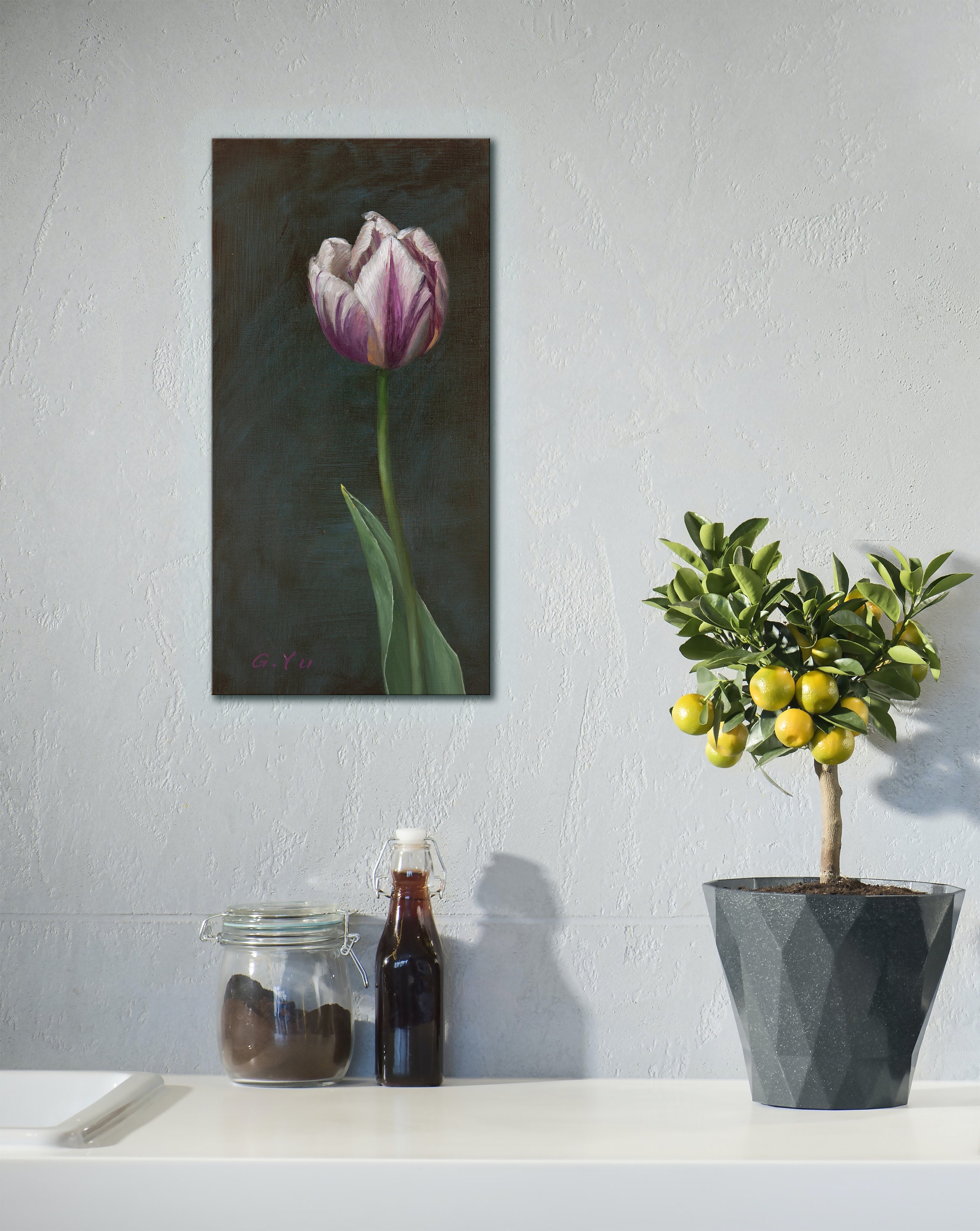 Original Tulip Oil Painting on Panel Realistic Purple Flame Tulip ...