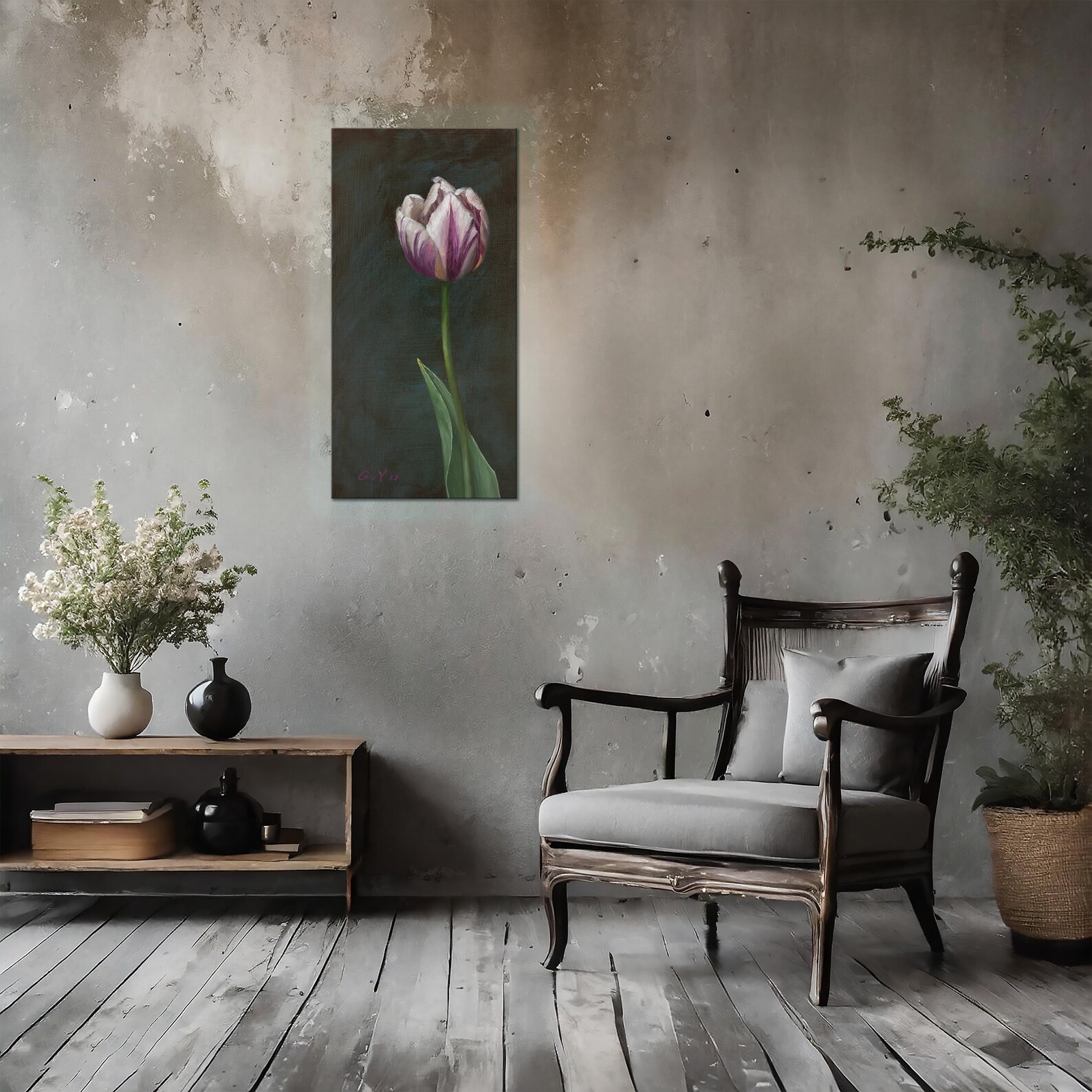 Original Tulip Oil Painting on Panel Realistic Purple Flame Tulip ...