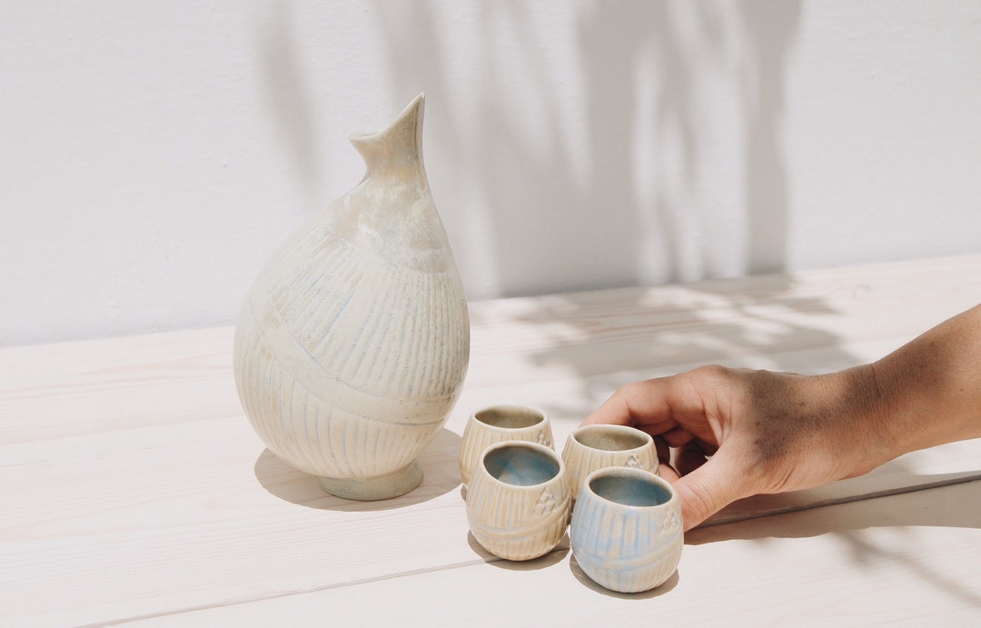 Ceramic Line Design Pitcher and Shot Glasses Set | Ceramics Handmade ...
