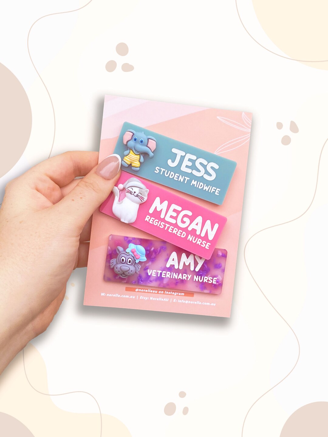 Personalised Work Name Badge With Animal Happy Elephant, Sleepy Cat and ...