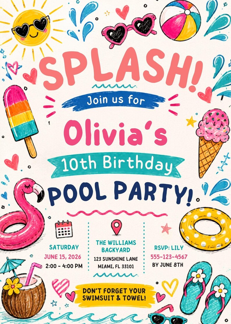 Pool Party Birthday Invitation, Summer Splash Invite (digital Download ...