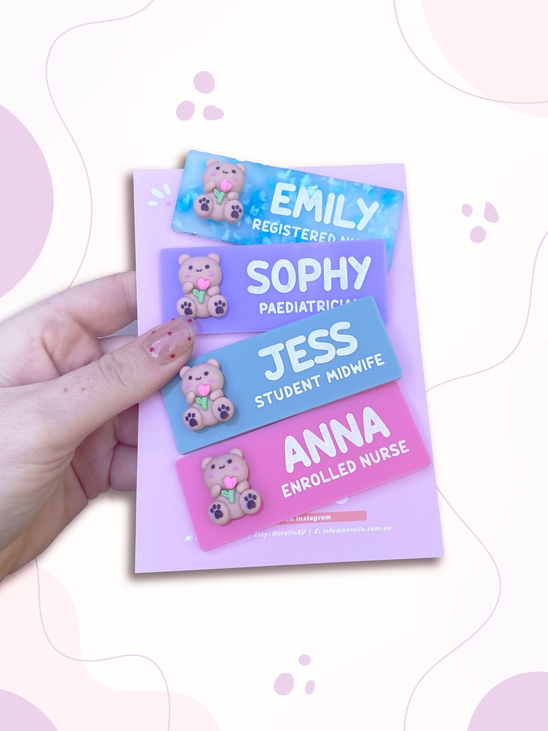 Personalised Work Name Badge With Cute Teddy Holding Flower, Name Badge ...