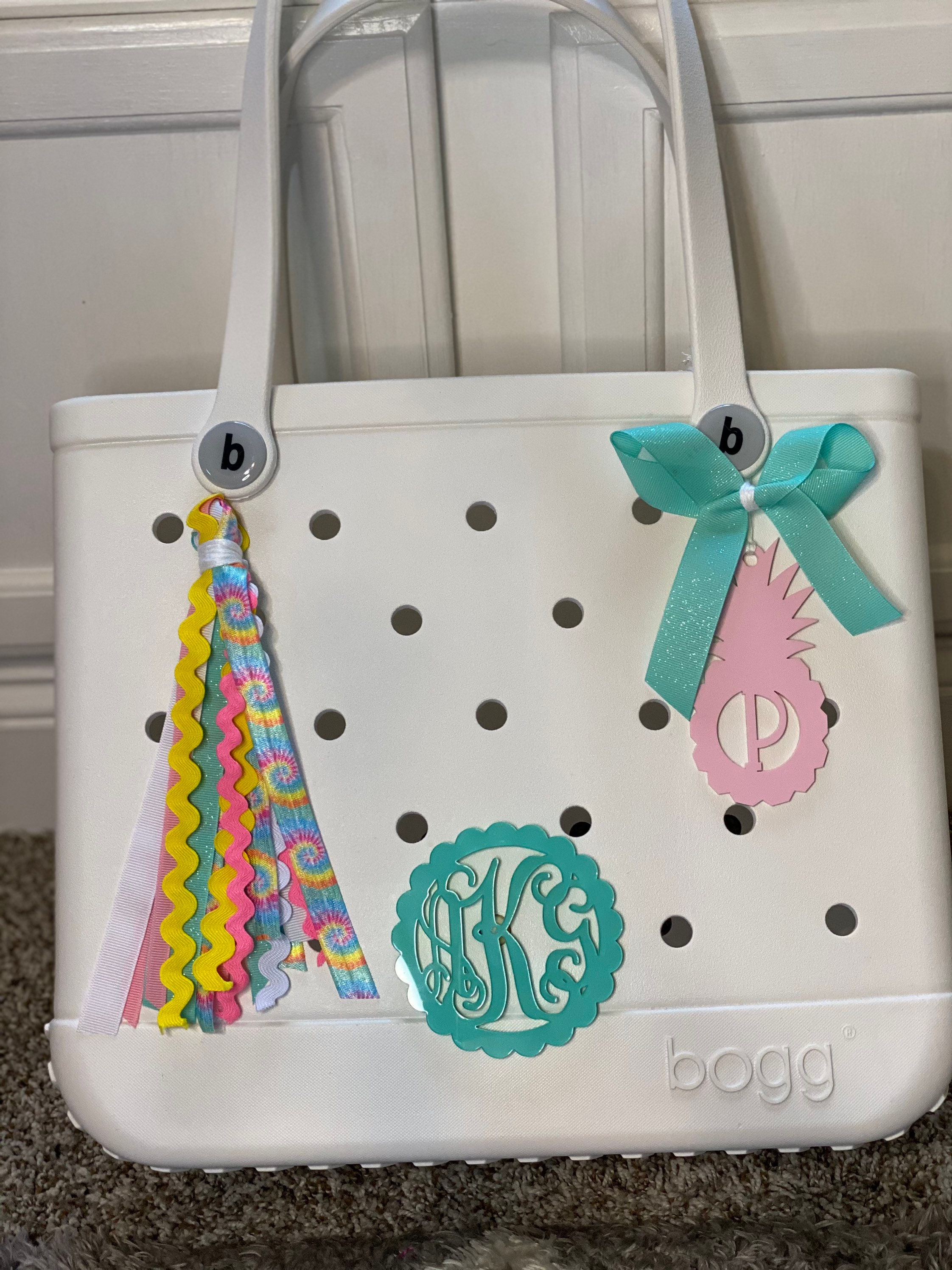 Bogg Bag Tag Monogram Pineapple Pink Teal Wood Beads / Ribbon | Etsy