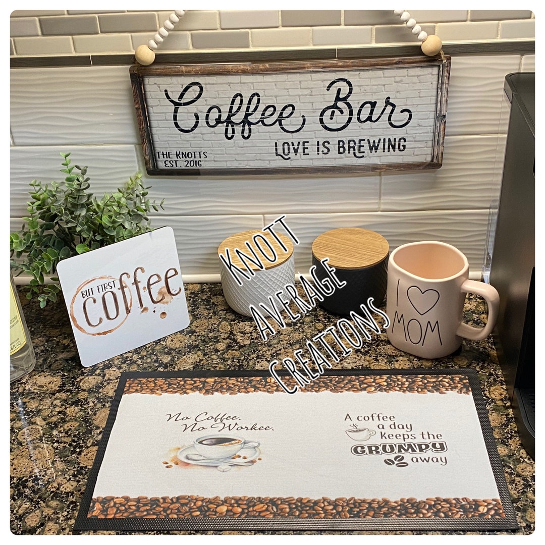 Personalized Coffee Slip Proof Bar Mat, Farmhouse, Keurig Coffee Bar ...