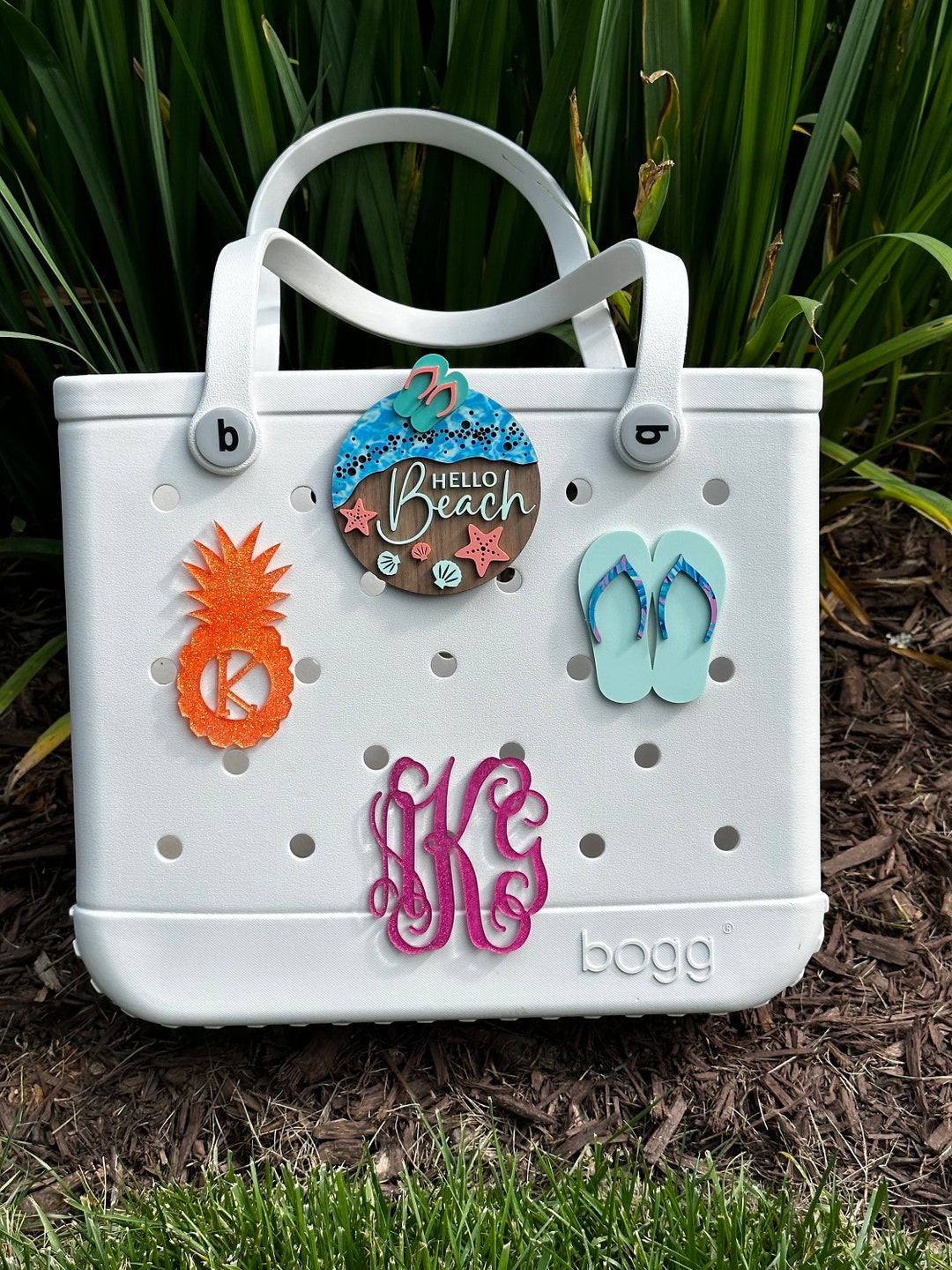 Personalized Bogg Bag Hello Beach Tag Monogram Bit Pop in Flipflops ...