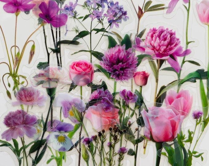 20 Vinyl Transparent Pink Flower Sticker Pack, Waterproof Reusable Set ...