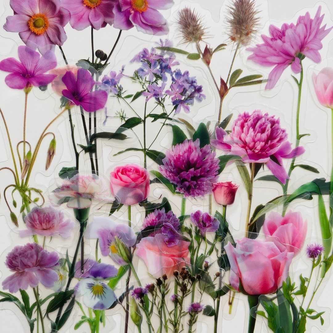 20 Vinyl Transparent Pink Flower Sticker Pack, Waterproof Reusable Set ...