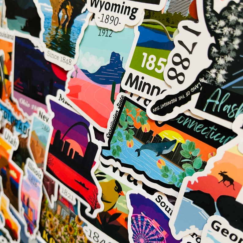 50 Vinyl All US State Stickers, Die Cut Decal Set, Waterproof Reusable ...